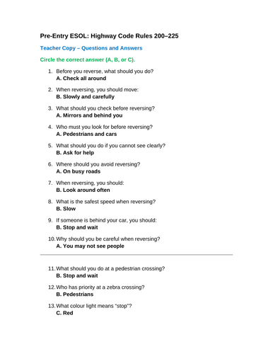 Pre-Entry ESOL Highway Code Rules 200–225 | Reversing & Road Safety ...