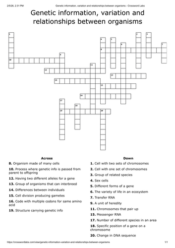 Genetic information, variation and relationships crossword - A level ...