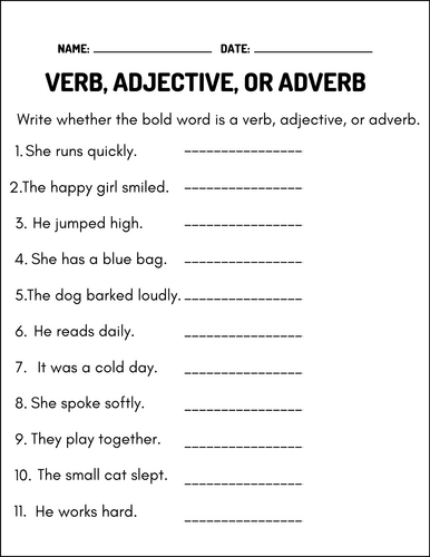 Verbs, Adjectives, Adverbs and Tense - Grammar Worksheets | Teaching ...
