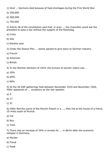 Weimar and Nazi Germany Quiz – GCSE Retrieval Practice Multiple Choice ...