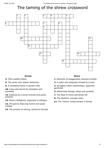 The taming of the shrew crossword - English literature | Teaching Resources