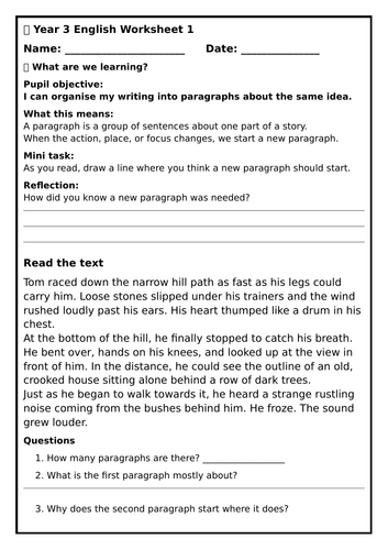 Year 3 English Booklet Pack (Worksheets 1–6) – Paragraphs, Speech ...