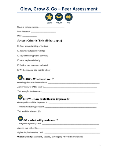 FREE Glow, Grow & Go – Peer Assessment Template | KS3–KS5 | AFL ...