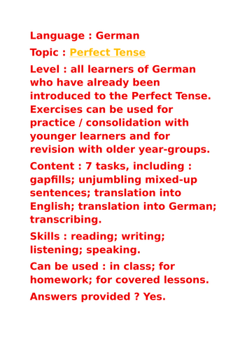 German Perfect Tense, practice/consolidation/revision. | Teaching Resources