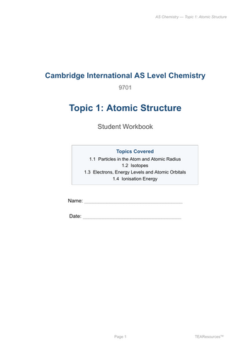 CAIE AS Chemistry TOPIC 1 Atomic Structure Student Workbook 2025-2027 ...