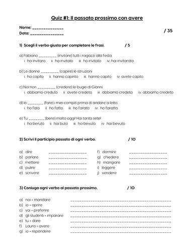 QUIZ - Il passato prossimo con avere - conjugation + past participles ...