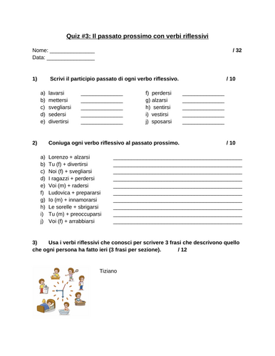 QUIZ - Il passato prossimo con verbi riflessivi (PDF/DOC) | Teaching ...