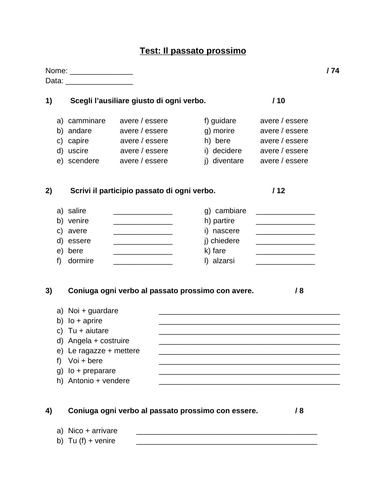 TEST - Il passato prossimo - verbi con avere, essere, e riflessivi (PDF ...