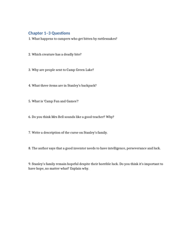 Holes by Louis Sachar – Complete Guided Reading Questions (All Chapters ...