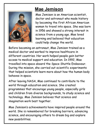 Mae Jemison Reading Comprehension for Gr 3 - 5 | Black History Month ...