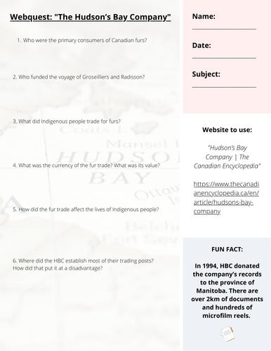 Hudson's Bay Company Webquest **English**- History and Explorers ...