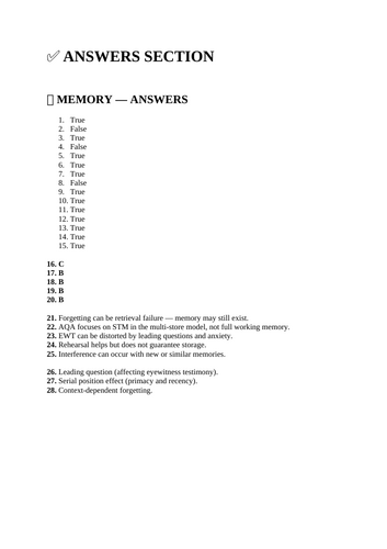 GCSE Psychology - Memory - Paper 1 - Quiz with Answers (AQA) | Teaching ...