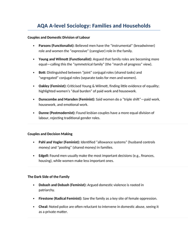 A Level Sociology - Topic Families and Household key thinker pack ...