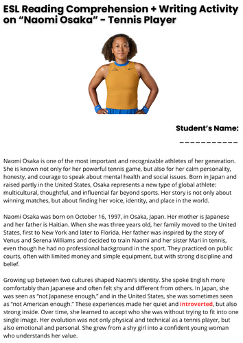 ESL Reading Comprehension + Essay - Naomi Osaka - Japanese Tennis ...