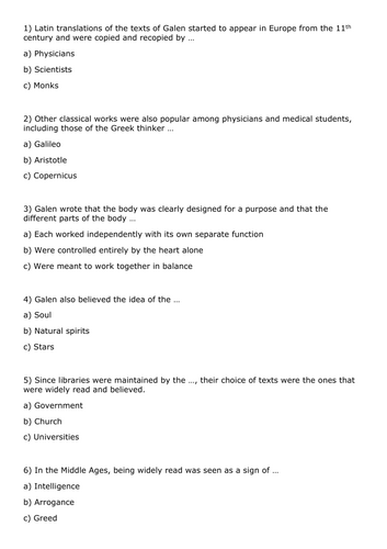 Medicine Through Time: Classical Thinking in the Middle Ages Quiz ...