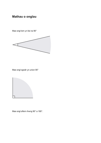 Mathemateg Blwyddyn 7: Taflen Waith ar enwi ONGLAU (ongl lem, aflem ...