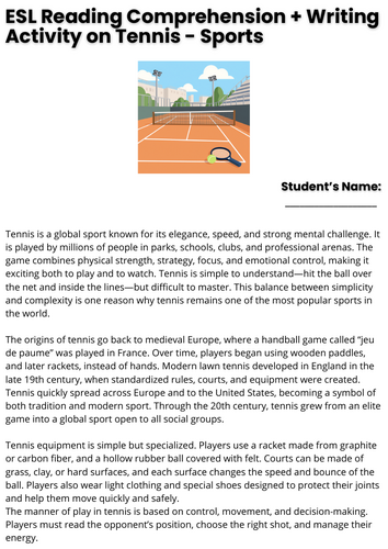 ESL Reading Comprehension + Writing Activity Worksheets - Tennis ...