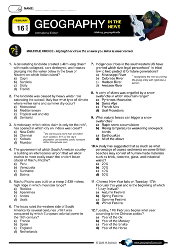 GEOGRAPHY IN THE NEWS weekly quiz - 16 February 2026 | Teaching Resources