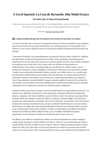 A-Level Spanish: La Casa de Bernarda Alba Model Essays | Teaching Resources
