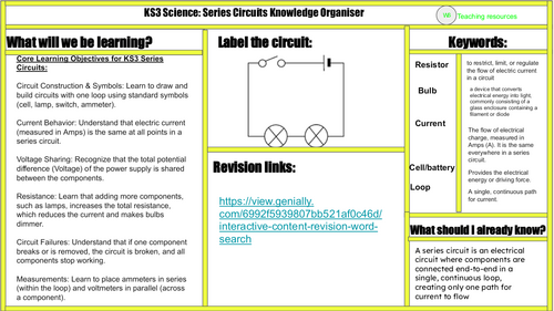 Series Circuit KS3 Science Knowledge Organiser/Revision mat | Teaching ...