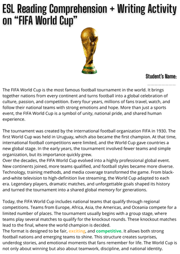 ESL Reading Comprehension + Essay - FIFA World Cup - Football - Sports ...