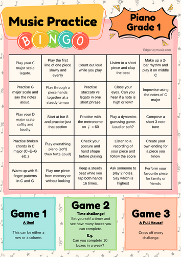 Grade 1 Piano Practice Bingo: 25 Challenges to Motivate Beginners ...