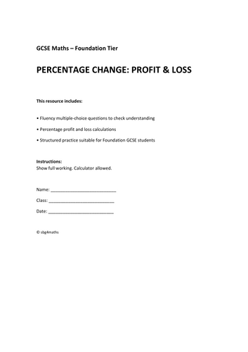 GCSE Maths Foundation – Percentage Change: Profit & Loss Worksheet with ...