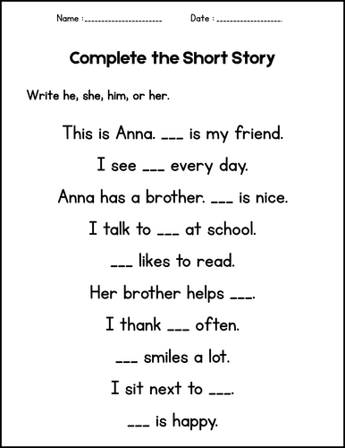Pronouns he, she, him, her - Grammar Worksheets for 1st 2nd 3rd Grade ...
