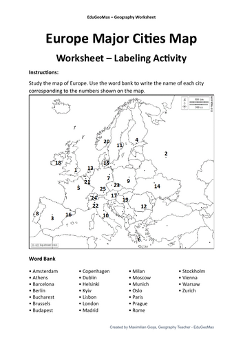 Europe Major Cities Map Worksheet – Geography Labeling Activity ...