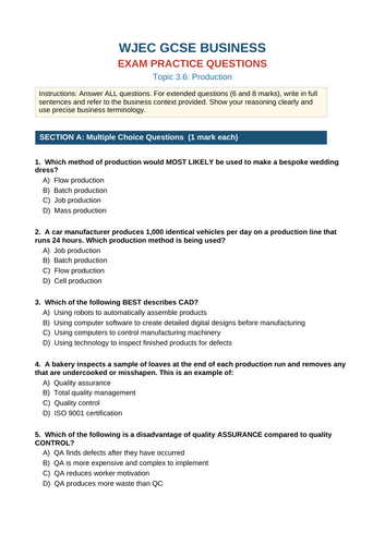 NEW SPEC 2025 WJEC GCSE Business 3.6 Production – Complete Revision ...