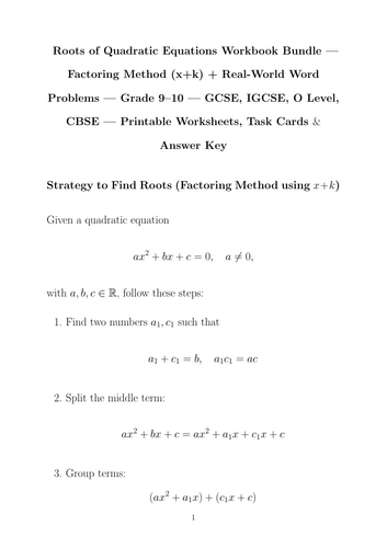 Roots of Quadratic Equations Workbook Bundle | Factoring Method (x+k ...