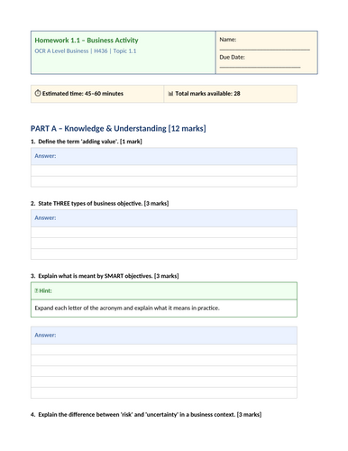 NEW SPEC (2026) – OCR A Level Business H436 – 1.1 Business Activity ...