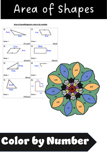 Area of mixed 2D shape - Color by number activity | Teaching Resources