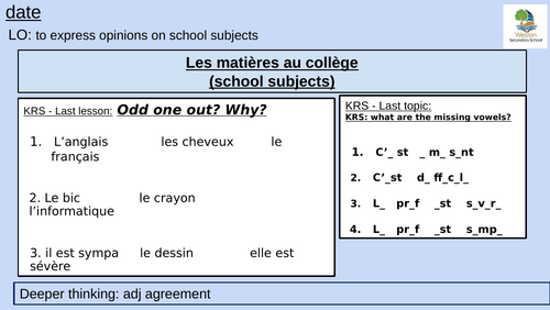 Year 7 French - opinions et matières / opinions and school subjects ...