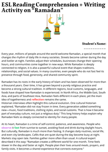 ESL Reading Comprehension + Writing Activity Worksheets on Ramadan ...