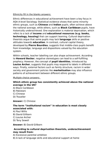 A-Level AQA Sociology - Education Unit 2 revision sheets - Class ...
