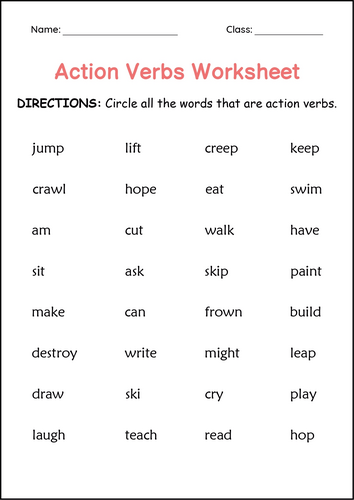 Printable Sentences Action Verbs Grammar Worksheets – Circle the Action ...