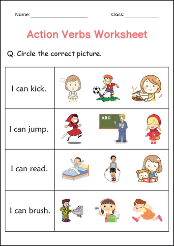 Printable Sentences Action Verbs Grammar Worksheets – Circle the Action ...