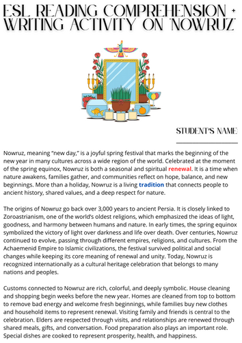 ESL Reading Comprehension + Writing Activity - Nowruz - Persian New ...