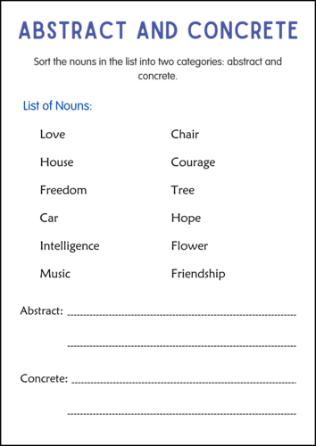 Printable Abstract and Concrete Nouns Grammar Worksheets for Grade 4, 5 ...