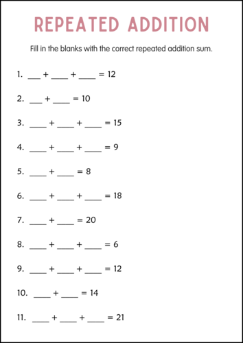 Printable Repeated Addition Number Math Activity Worksheets for Grade 1 ...