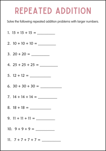 Printable Repeated Addition Number Math Activity Worksheets for Grade 1 ...
