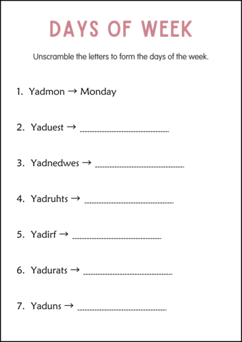 7 Days of The Week Printable Worksheets Calendar Math for grade 1, 2, 3 ...