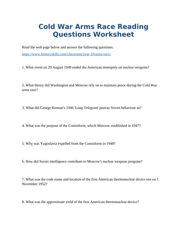 Cold War Arms Race Reading Comprehension Questions Worksheet | Teaching ...