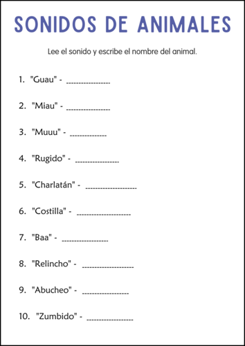 Sounds of Animals Worksheet in Spanish - Hojas de trabajo de Sonidos de ...