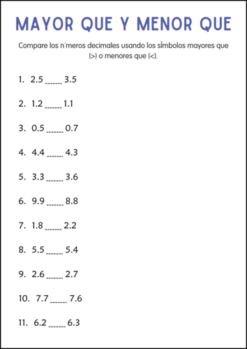 Greater Than Less Than Numbers Worksheets in Spanish - Mayor Que y ...