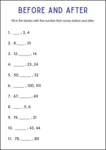 Printable Before and After Numbers 1 to 100 Math Worksheets - One More ...