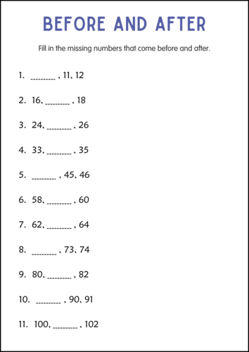 Printable Before and After Numbers 1 to 100 Math Worksheets - One More ...