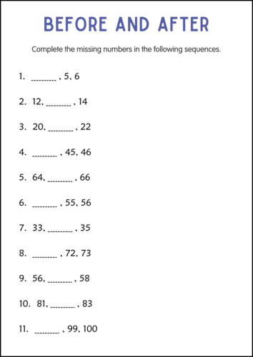 Printable Before and After Numbers 1 to 100 Math Worksheets - One More ...