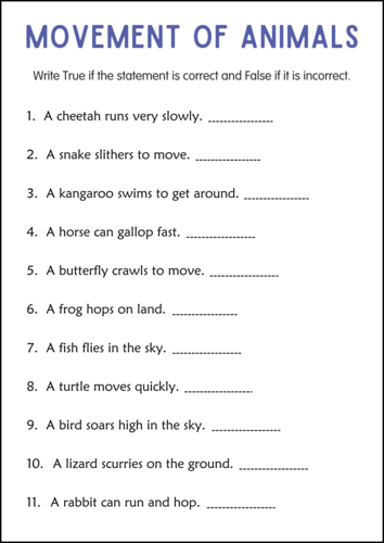 Printable Movements of Animals Activity Worksheets for Grade 1, 2, 3 ...